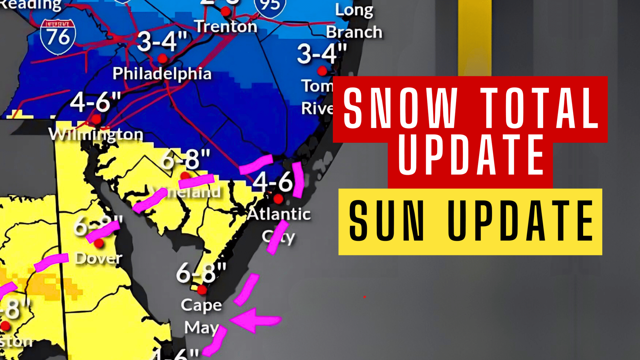 Weather map showing snow totals with color-coded areas and an update ...